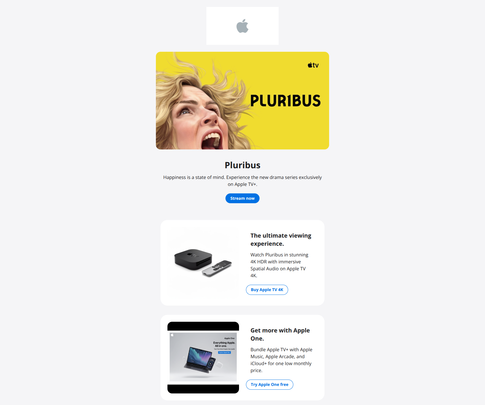 Pluribus is streaming now. - Apple Email Design | Kopi AI — Kopi AI
